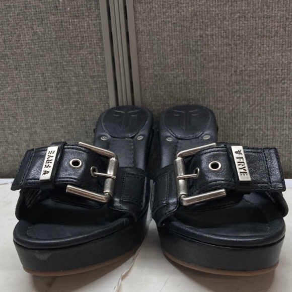 Frye | Shoes | Frye Isabelle Black Leather Buckle Strap Platform Wedge ...